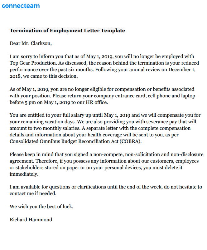 Sample Termination Letter To Employee Template Workable 43 OFF