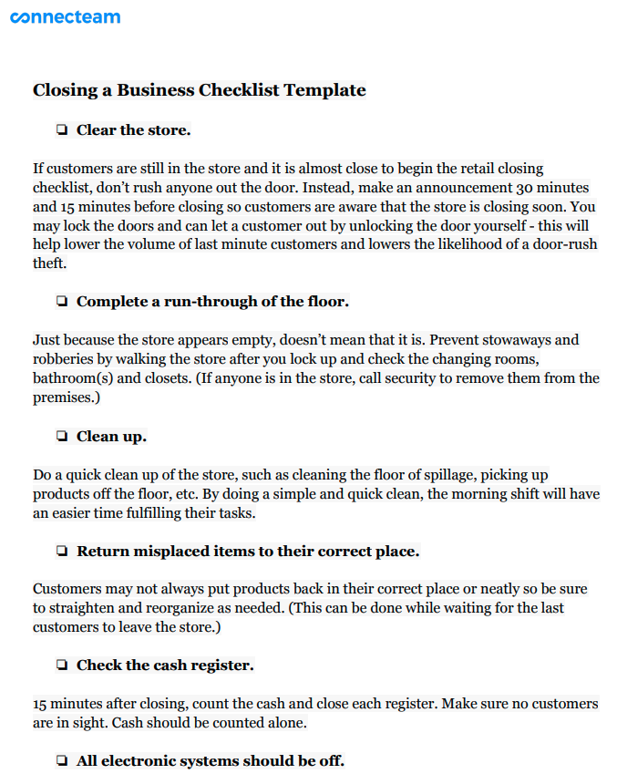 Retail Store Closing Checklist Template Free PDF Download