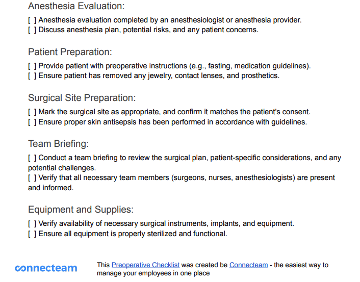 Preoperative Checklist Template Free PDF Download