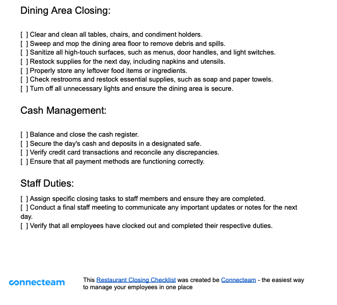 Restaurant Closing Checklist Template - Free PDF Download