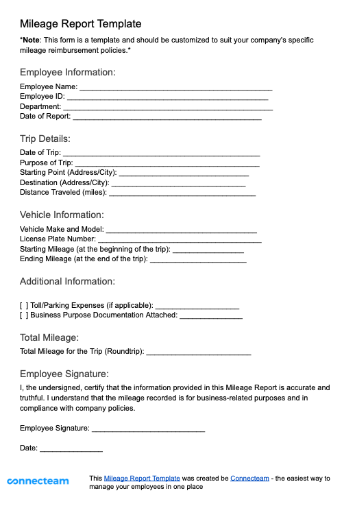 Mileage Report Template - Free PDF Download