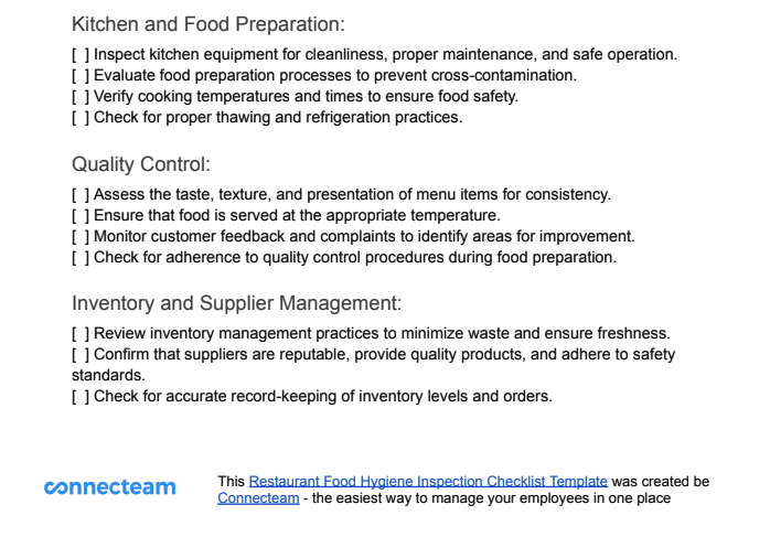 Restaurant Food Hygiene Inspection Checklist Template - Free PDF Download