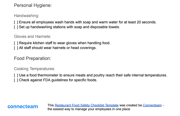 Restaurant Food Safety Checklist Template - Free PDF Download
