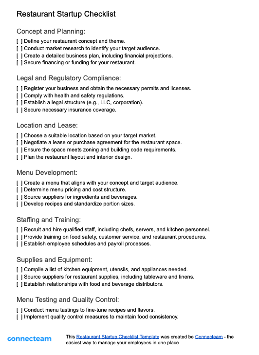 Restaurant Startup Checklist Template - Free PDF Download